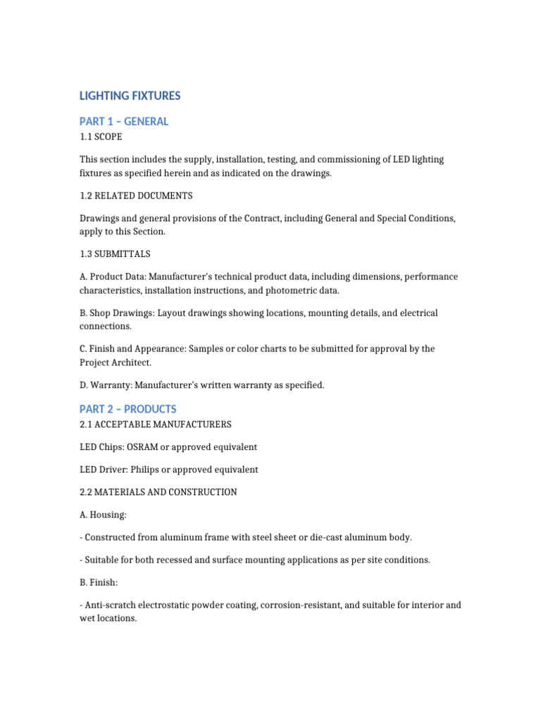 Lighting Fixtures Specifications | PDF | Lighting | Building Engineering