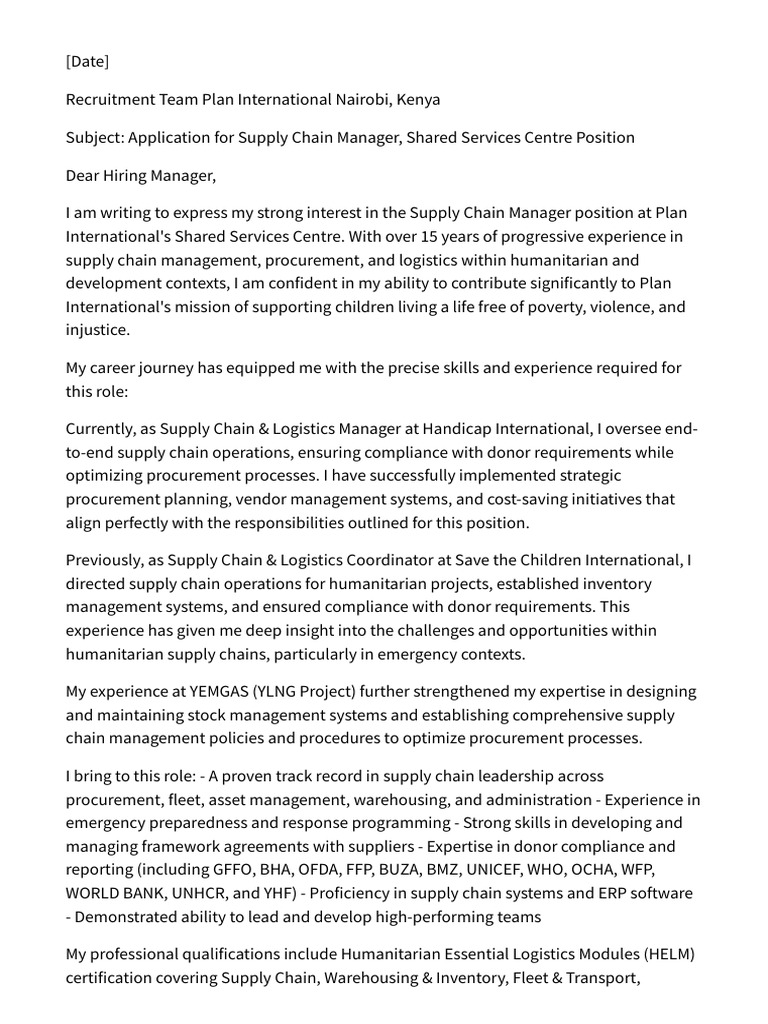 Plan International SCM Cover Letter | PDF | Supply Chain Management ...