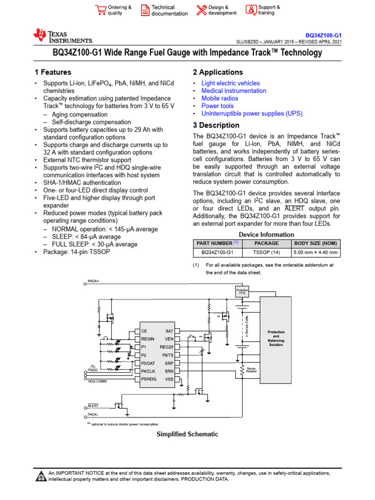 bq34z100-g1 | PDF | Lithium Ion Battery | Power (Physics)