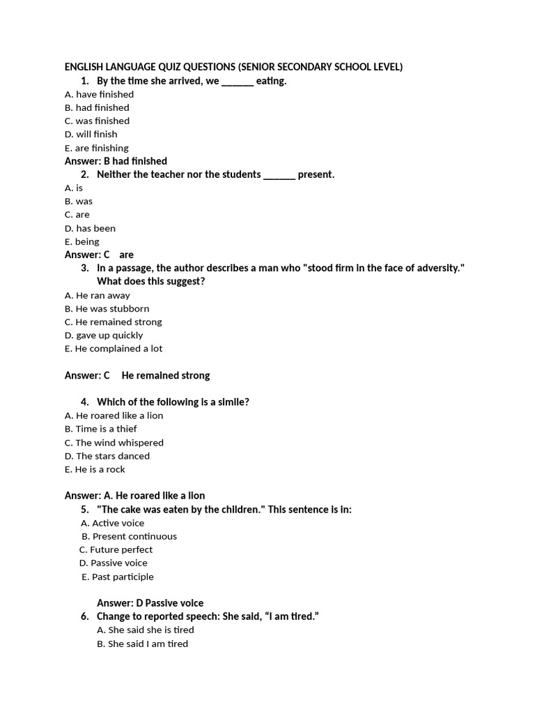 Senior Secondary English Quiz | PDF