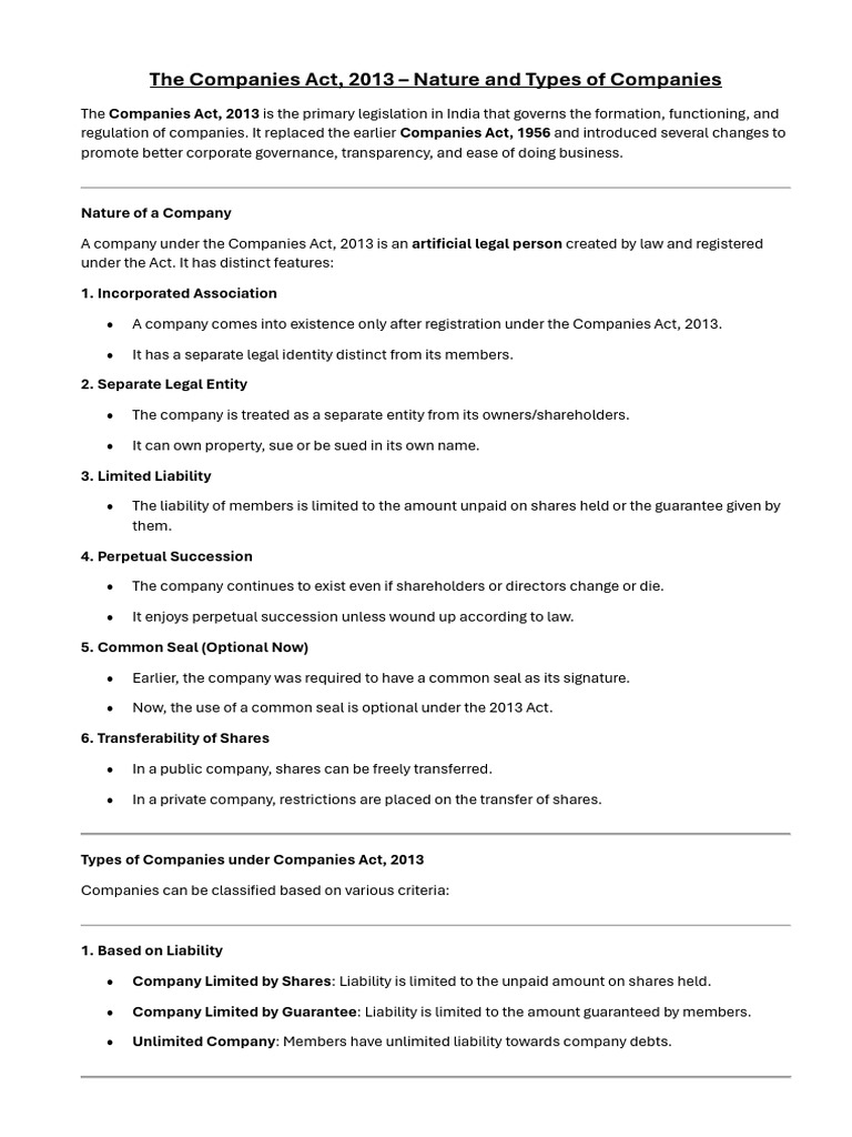 Nature and Types of Companies Act 2013 | PDF | Companies | Limited ...