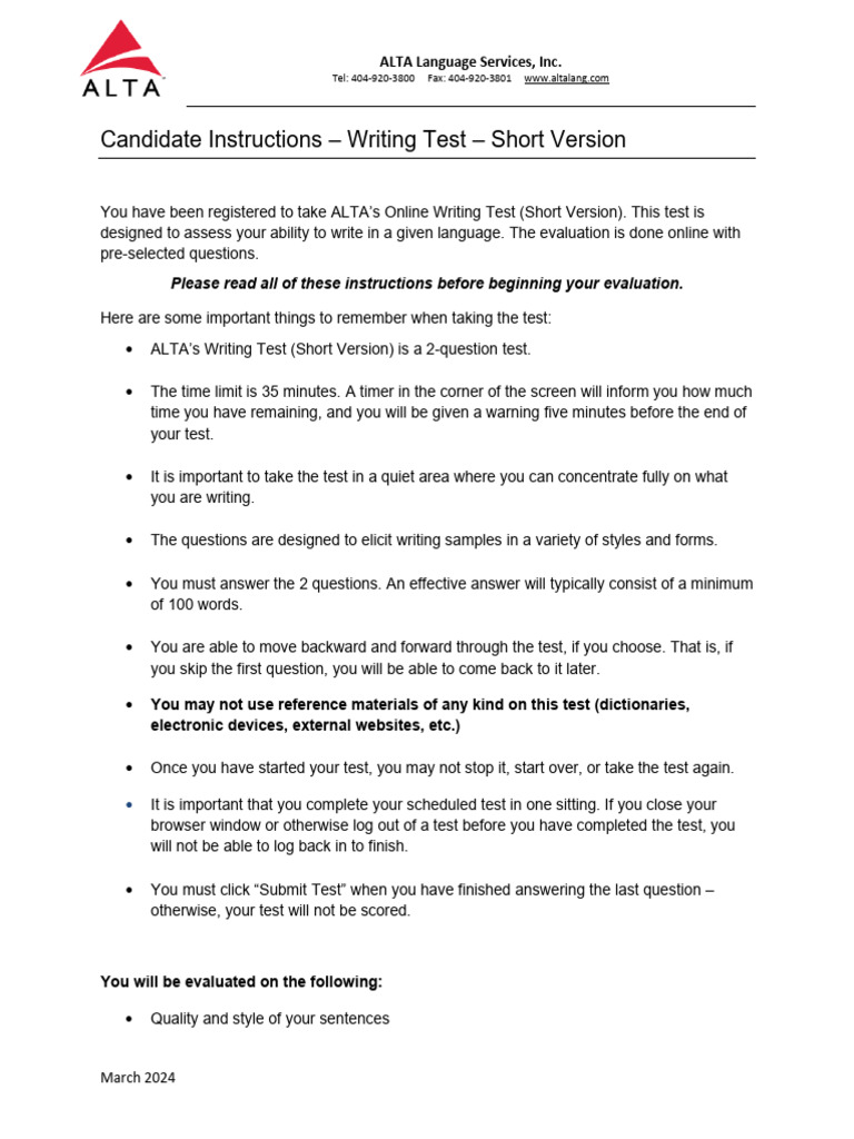 Writing Test (Short) Instructions | PDF | Text | Linguistics