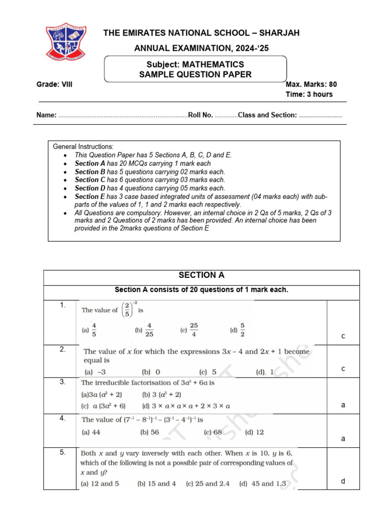 Grade Viii SQP Mathematics | PDF | Factorization | Area