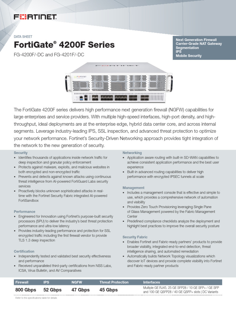 FortiGate 4200F Series Data Sheet | PDF | Computer Network | Security