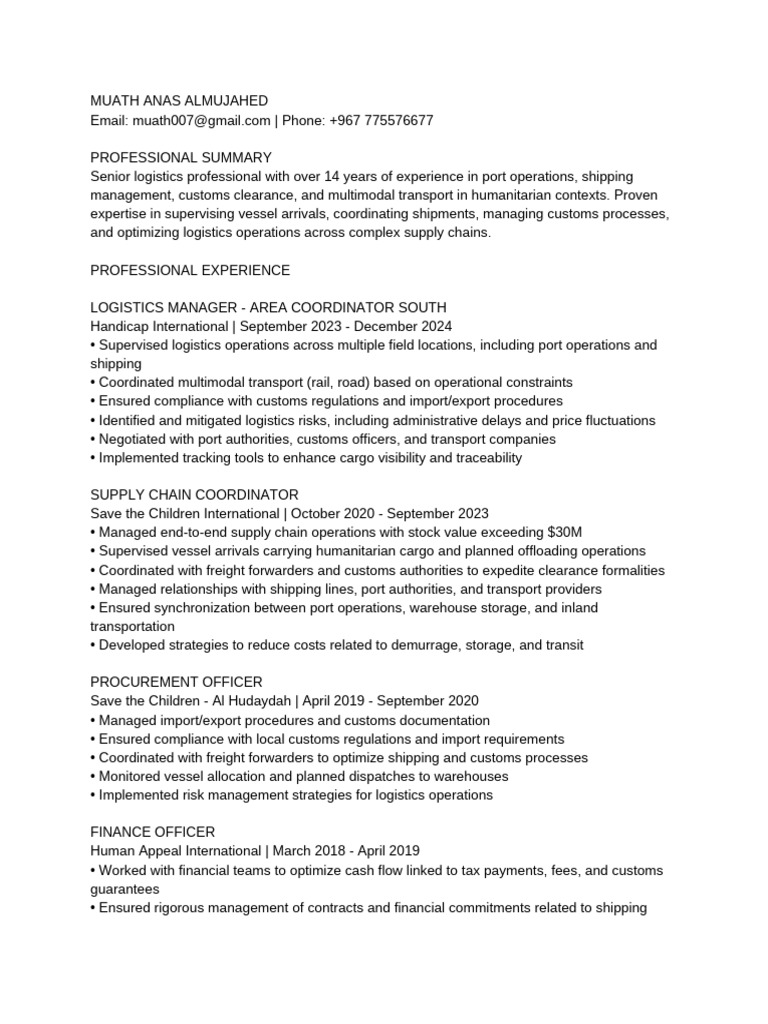 WFP Operations Shipping Resume | PDF | Logistics | Customs