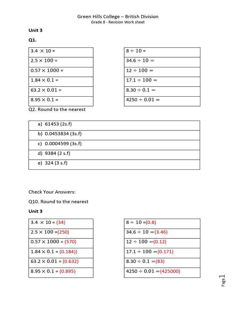 Unit 3 Q1.: Grade 8 - Revision Work Sheet | PDF