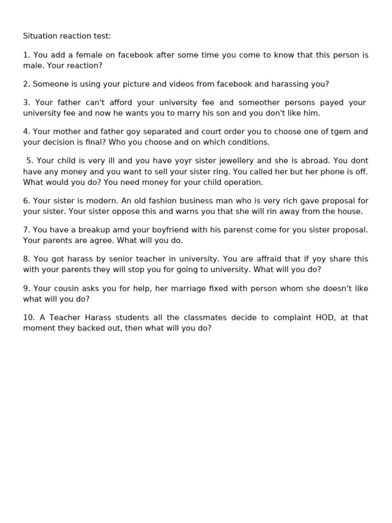 Situation Reaction Test | PDF