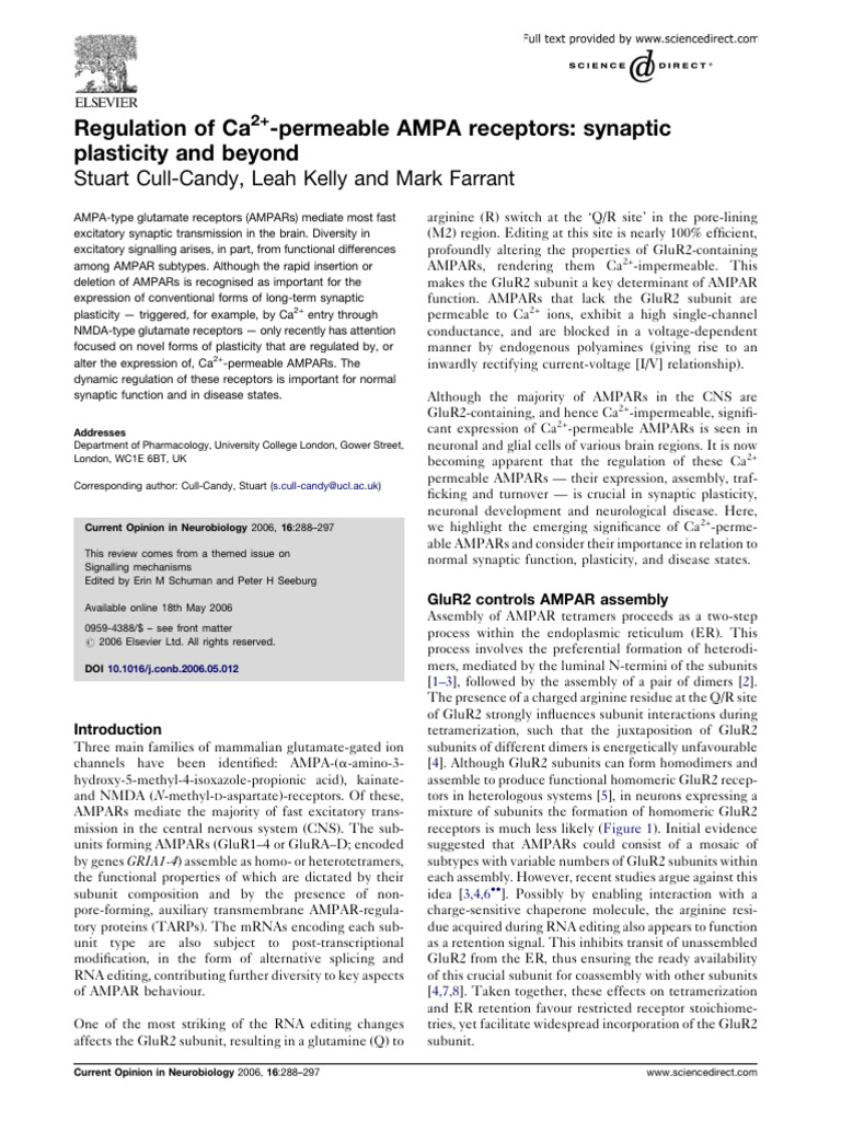 Cull-candy 2006 Regulation of Ca2+ permable AMPA receptors synaptic plasticity and beyond | PDF ...