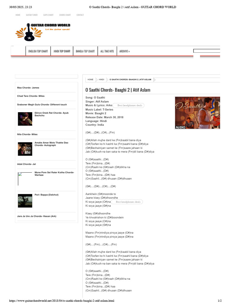 O Saathi Chords - Baaghi 2 - Atif Aslam - GUITAR CHORD WORLD | PDF