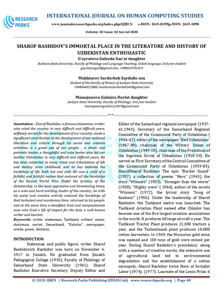 Sharof Rashidovs Immortal Place in The L F9316acc | PDF