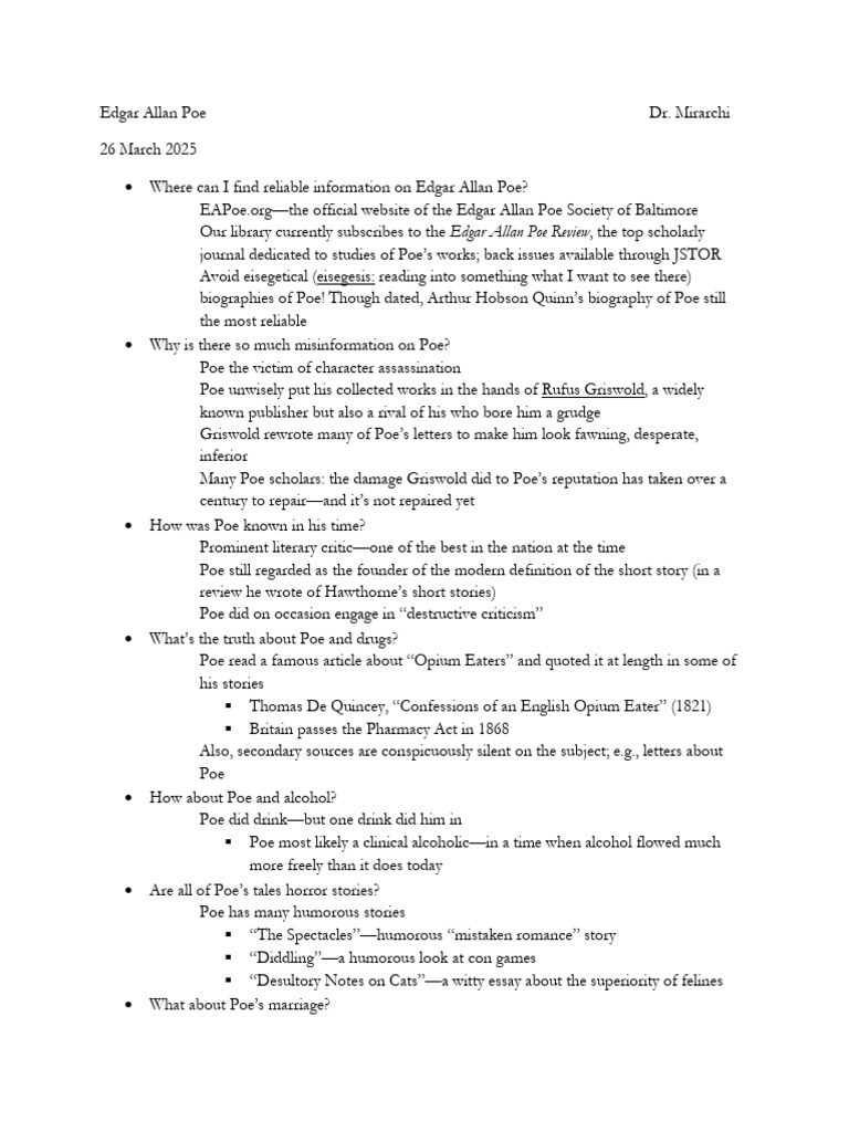 ENGL-1700 Third Quiz Notes Poe To Crane S25 | PDF | Bartleby, The ...