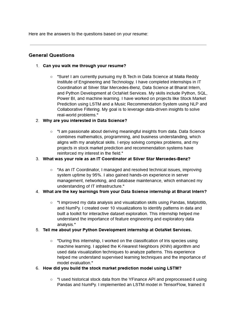 Here Are The Answers To The Questions Based On Your Resume | PDF | Data ...