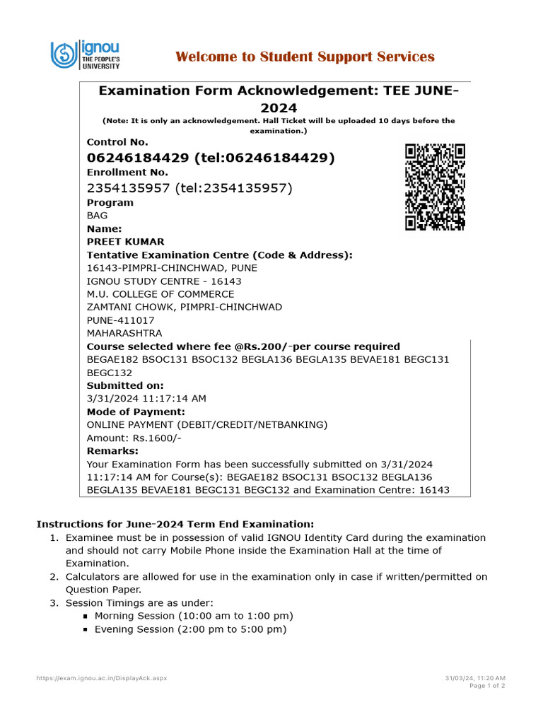 IGNOU Exam Form Acknowledgement 2024 | PDF | Payments