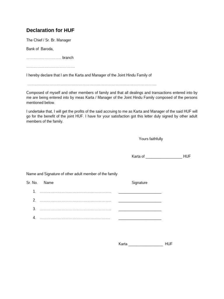 HUF Declaration For HUF | PDF