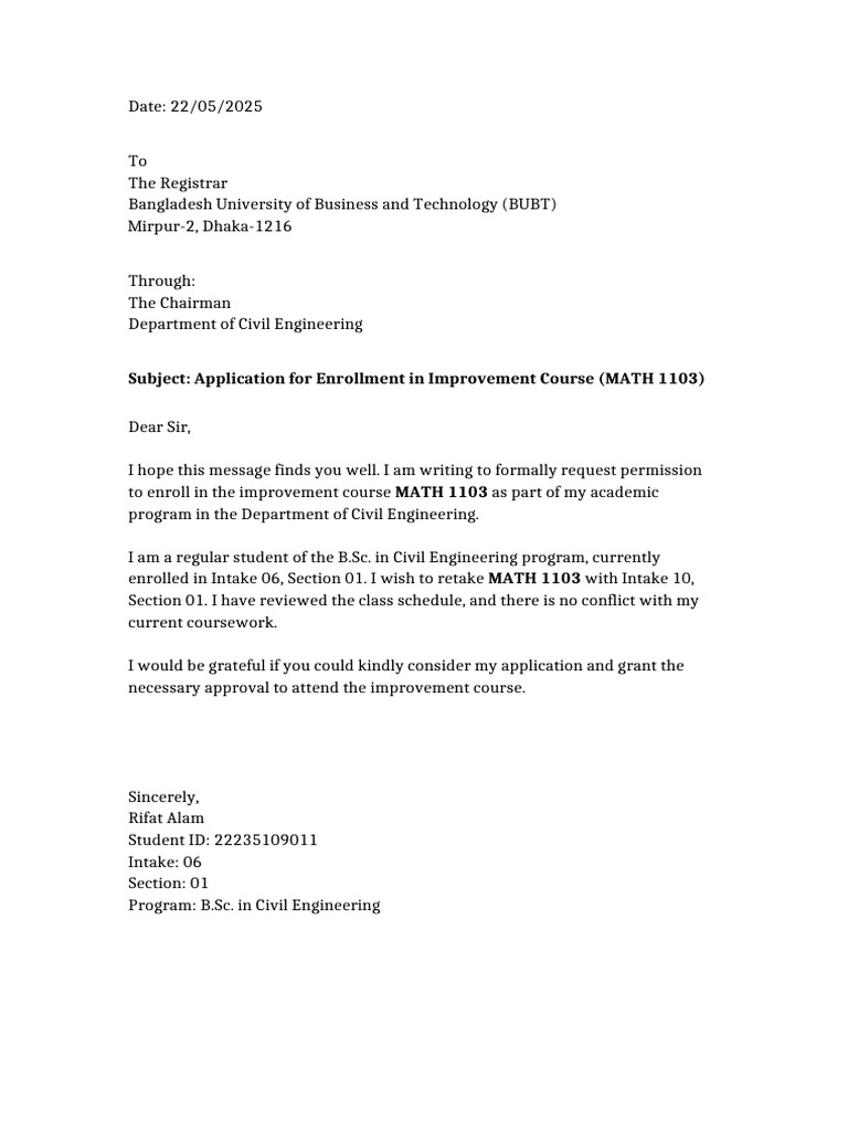 Application For Improvement Course MATH 1103 | PDF