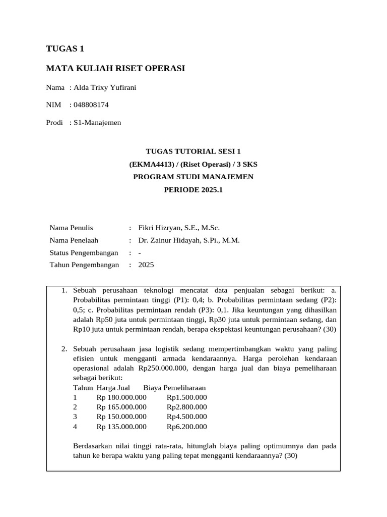 Tugas 1 Mata Kuliah Riset Operasi | PDF