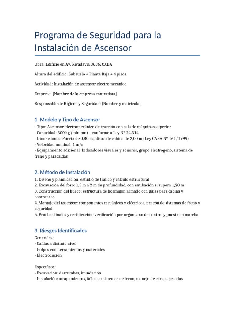 Programa Seguridad Ascensor Con Cronograma | PDF | Ascensor
