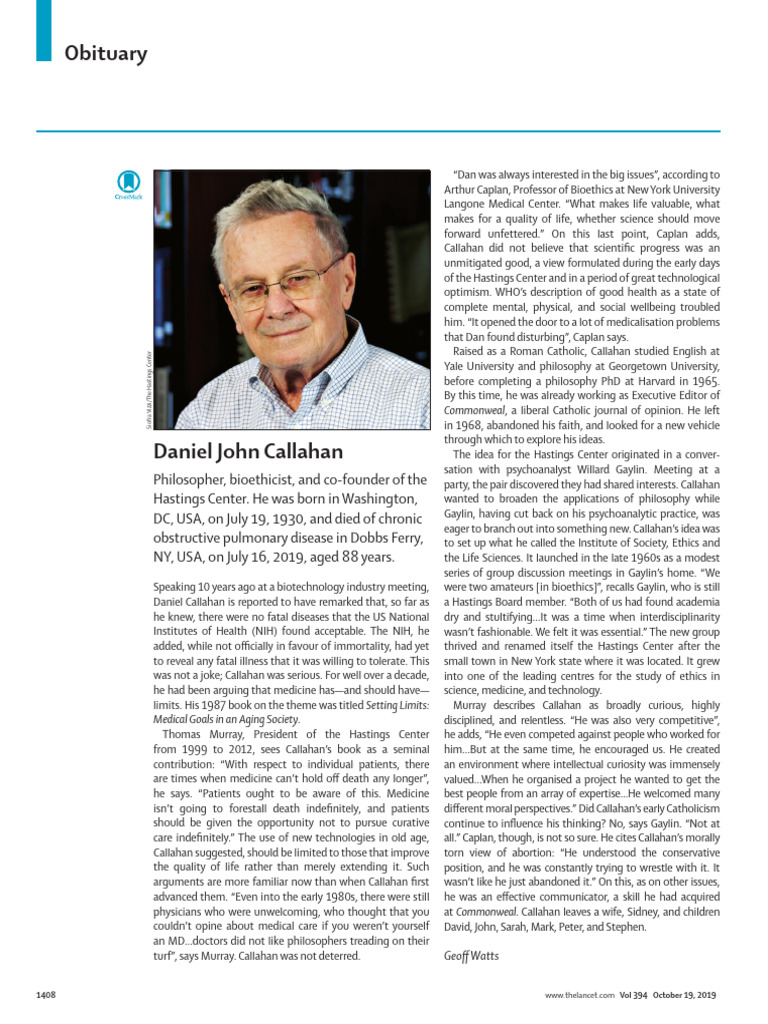 Daniel John Callahan - Lancet | PDF | Bioethics