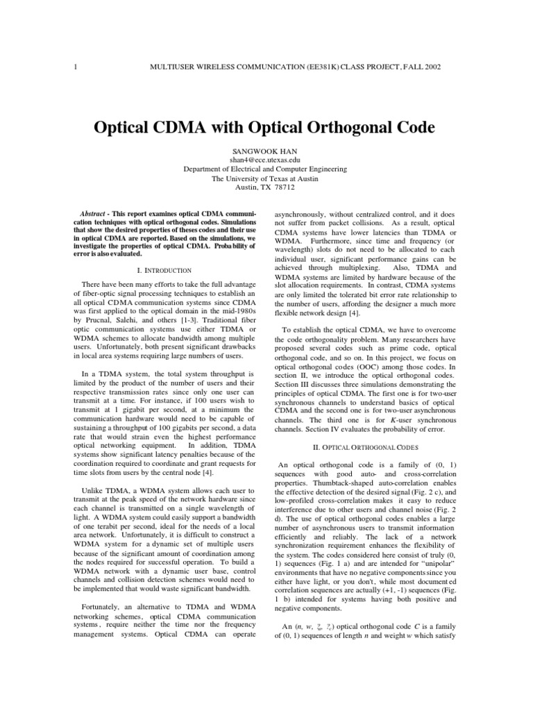 Optical CDMA With Optical Orthogonal Code | PDF | Code Division Multiple Access | Orthogonal ...