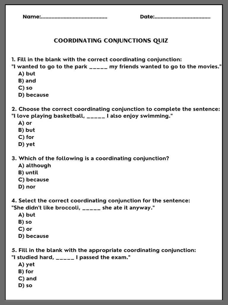 Coordinating Conjunctions Quiz | PDF