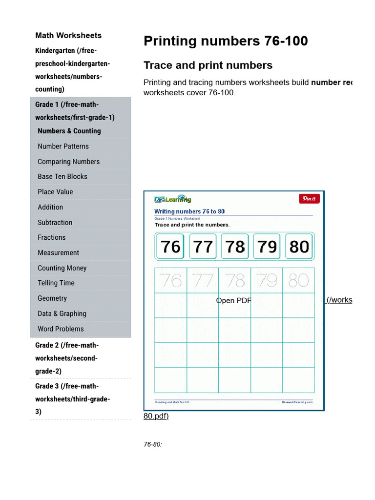 Printing Numbers 76-100 Worksheet - K5 Learning I | PDF | Worksheet ...