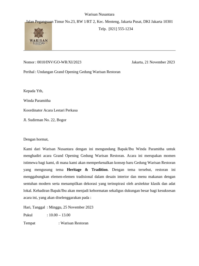 Surat Undangan Grand Opening Warisan Nusantara | PDF
