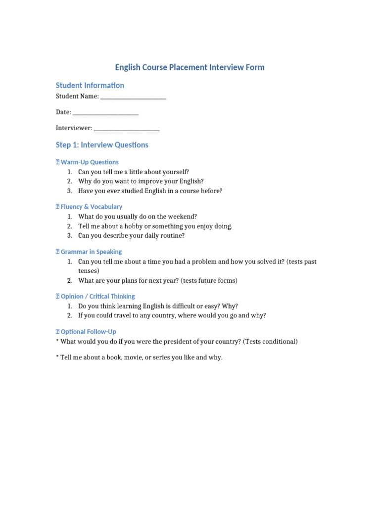 English Course Placement Interview Guide | PDF | English Language ...