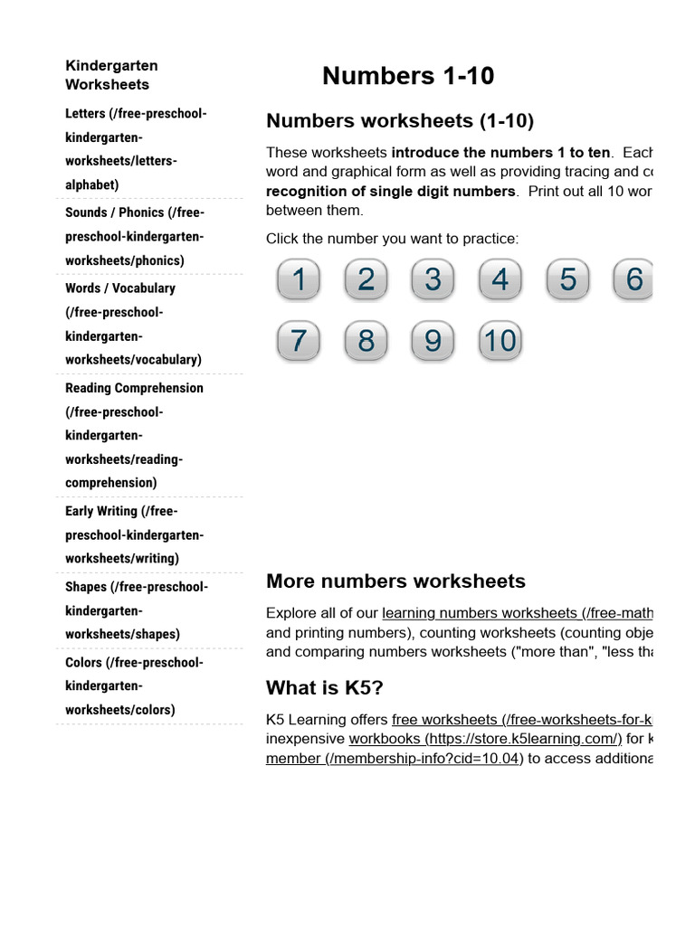 Numbers 1-10 Worksheets for Kids | PDF | Phonics | Worksheet