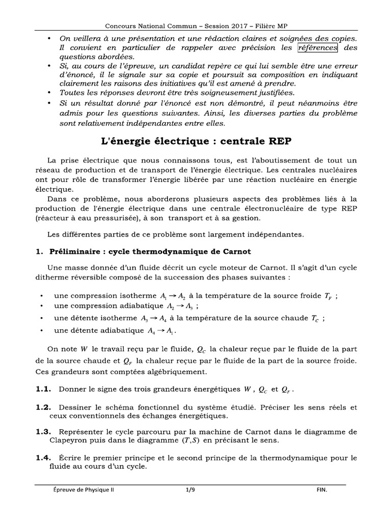 2017-Ph2Ce Sujet Aborde Le Cycle de Carnot, Les Principes Fondamentaux ...