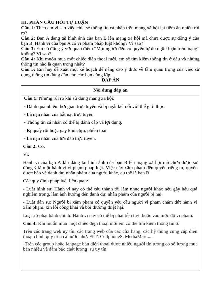 Iii. Phần Câu Hỏi Tự Luận Câu 1: Câu 2: Câu 3: Câu 4: Câu 5: Đáp Án Nội dung đáp án Câu 1 | PDF