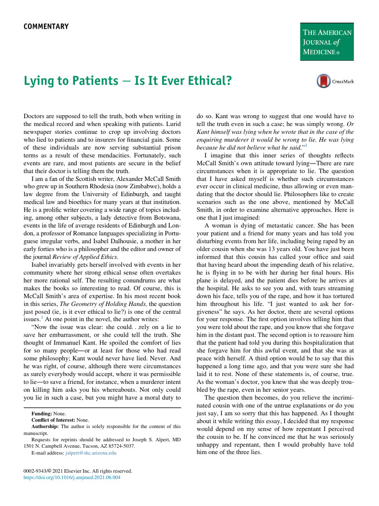 Ethical Dilemmas of Lying in Medicine | PDF | Forgiveness | Lie