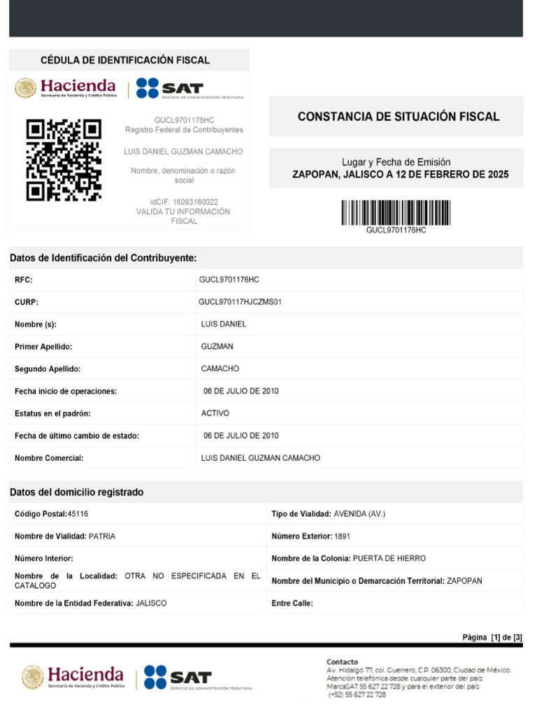 Constancia de Situación Fiscal Luis Daniel Guzmán Camacho | PDF