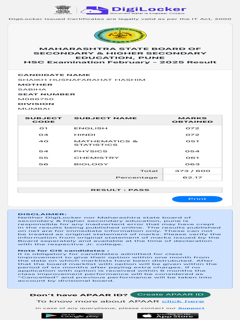 Maharashtra Board XIIth 2025 Result | PDF