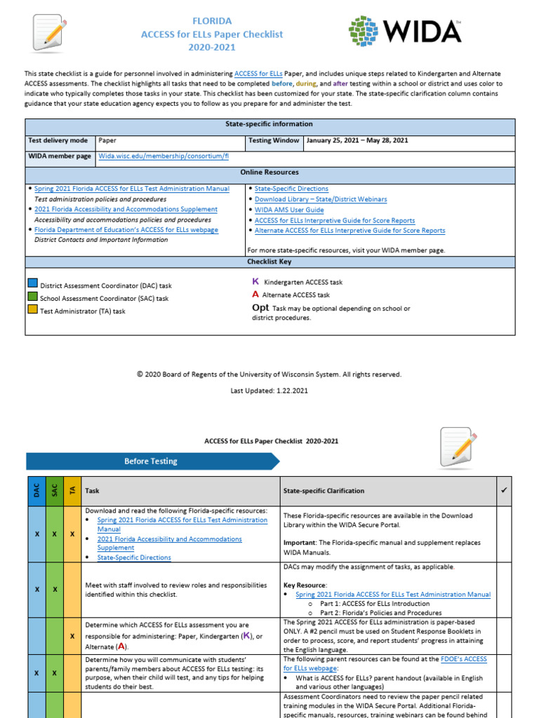 Florida ACCESS for ELLs Paper Checklist | PDF
