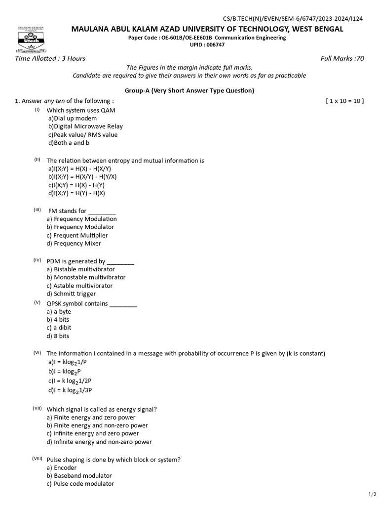 Communication Engineering 2024 | PDF | Modulation | Bit Rate
