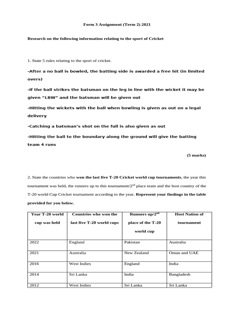 Form 3 Practical Cricket Assignment (2nd Term, 2023) | PDF | Cricket ...