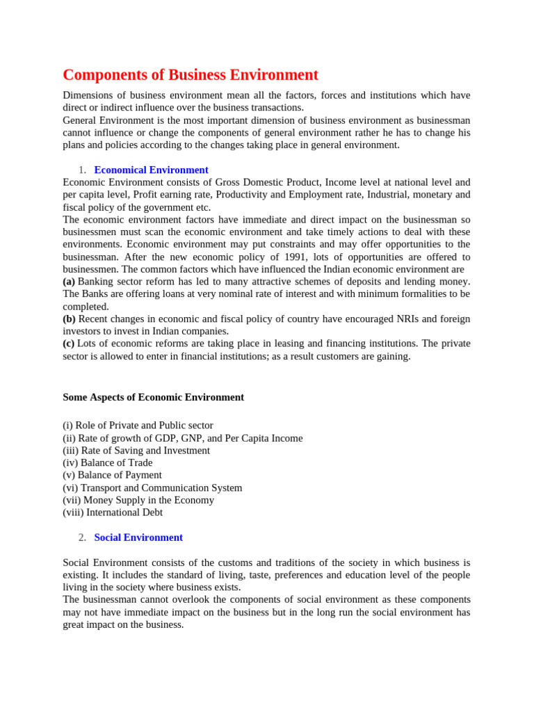 Key Components of Business Environment | PDF | Gross Domestic Product ...