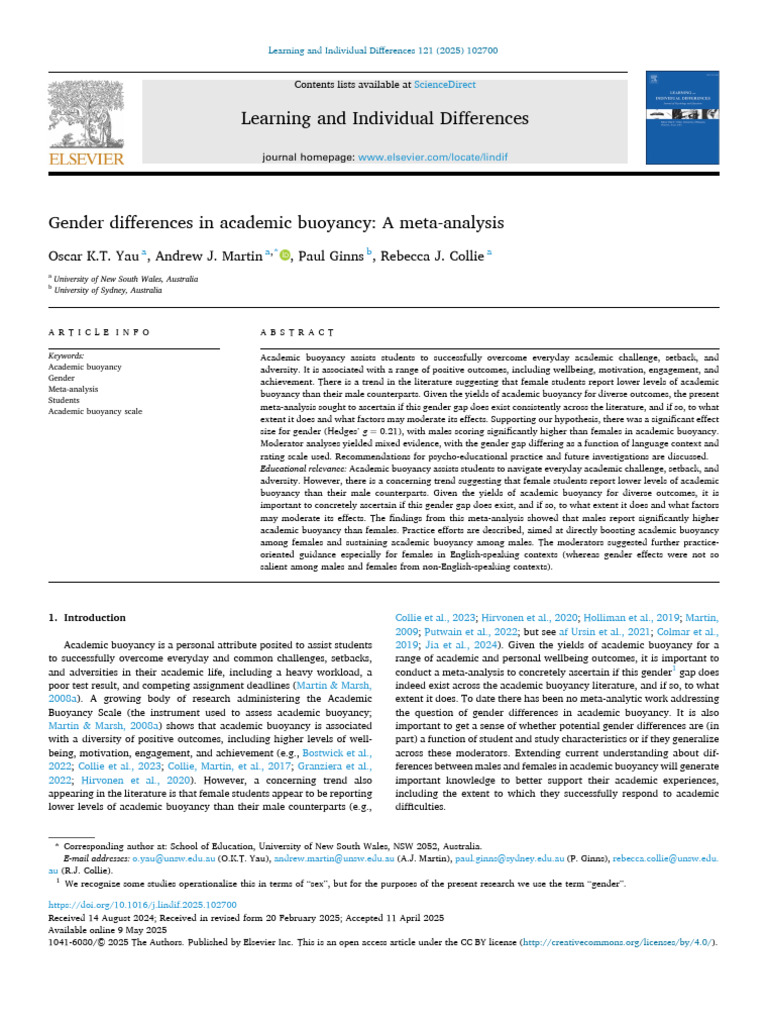 Gender Differences in Academic Buoyancy | PDF | Effect Size | Stereotypes