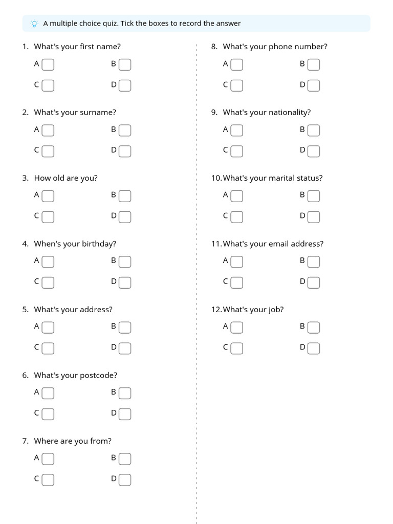 Personal Information Quiz | PDF