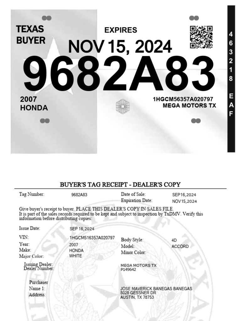 Texas Dealer's Copy Tag Receipt | PDF | Vehicle Technology | Land Transport