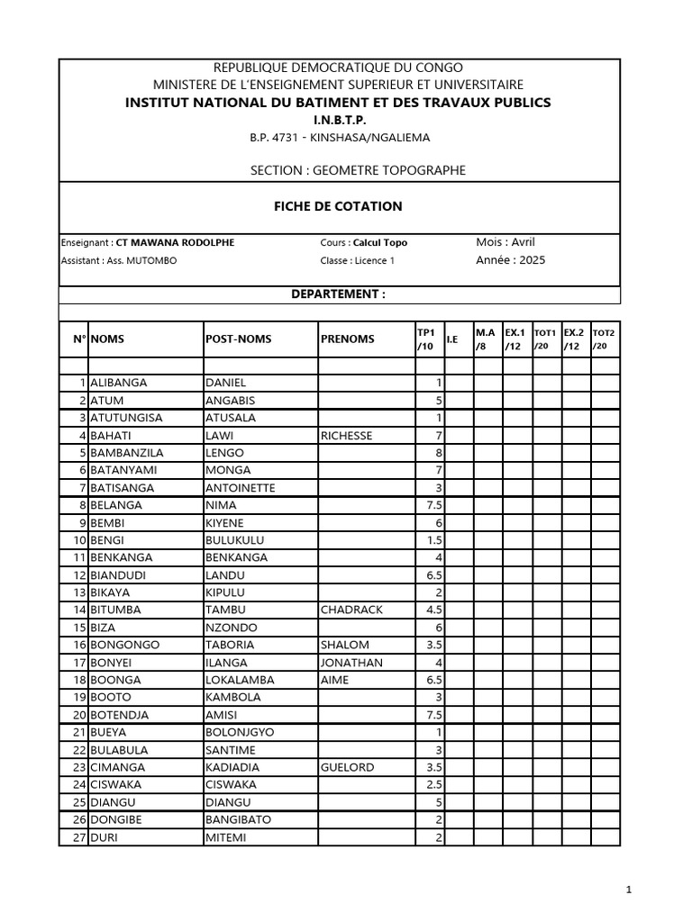 Fiche de Cotation Calcul Topo l1 GT 2025 | PDF