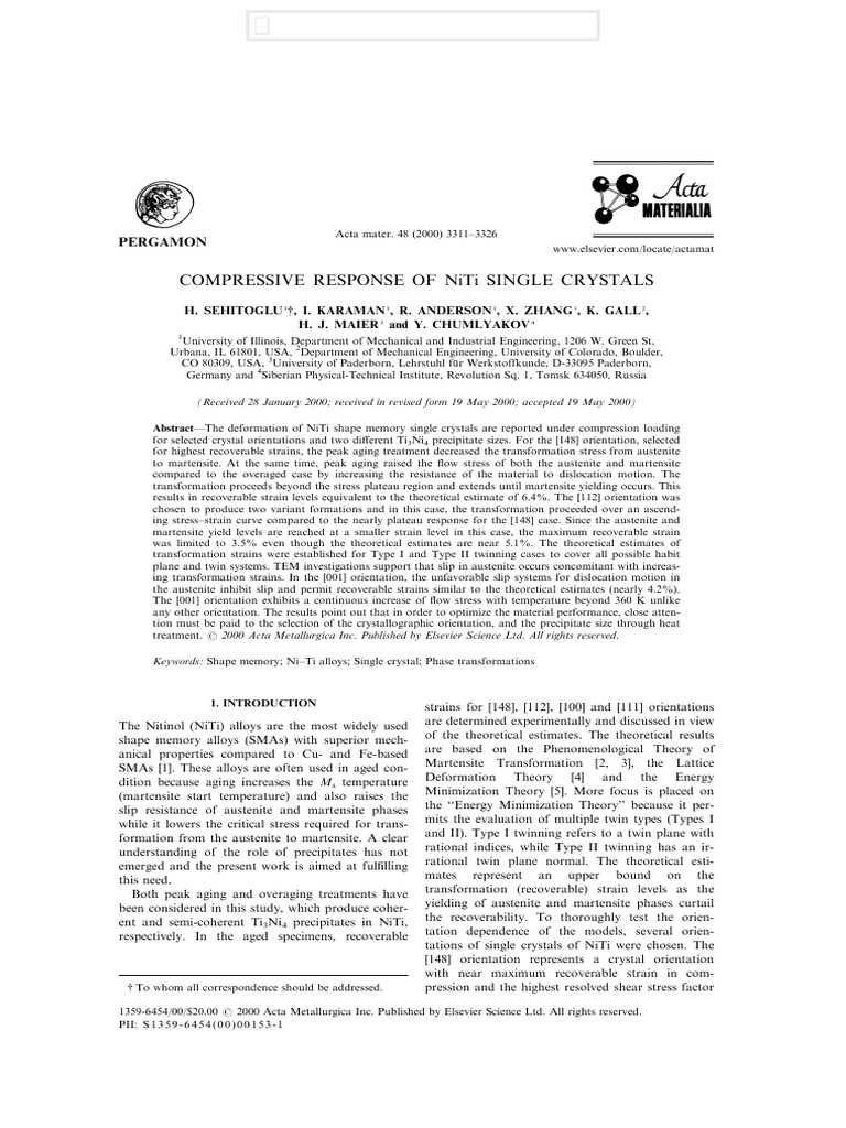 Compressive Response of Niti Single Crystals | PDF | Shape Memory Alloy | Deformation (Engineering)