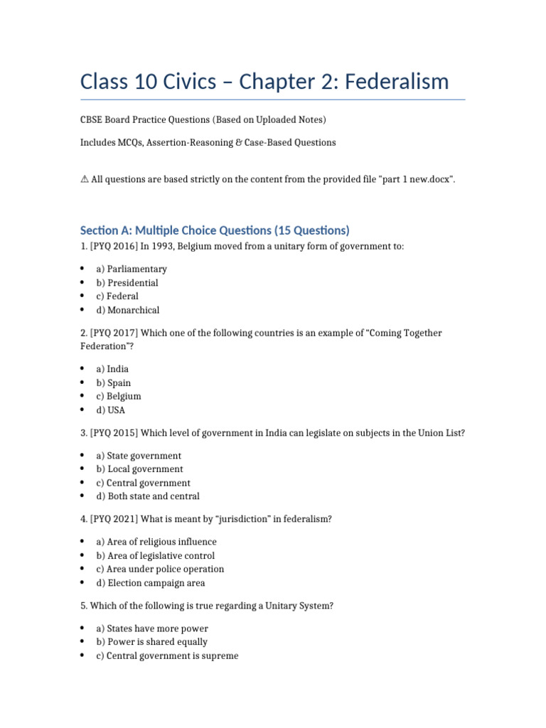 Federalism Mixed Test CBSE | PDF | Federation | Federalism