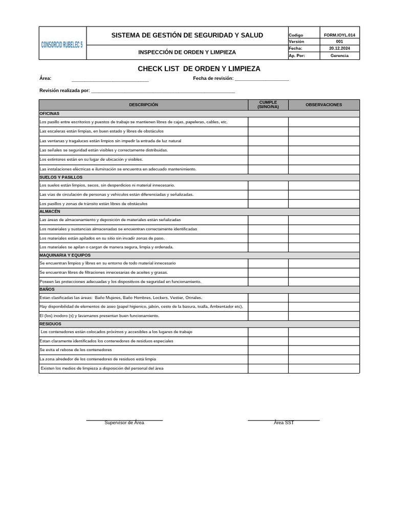F014.4 - (CHECK LIST) Formato de Inspección Orden y Limpieza | PDF | Residuos