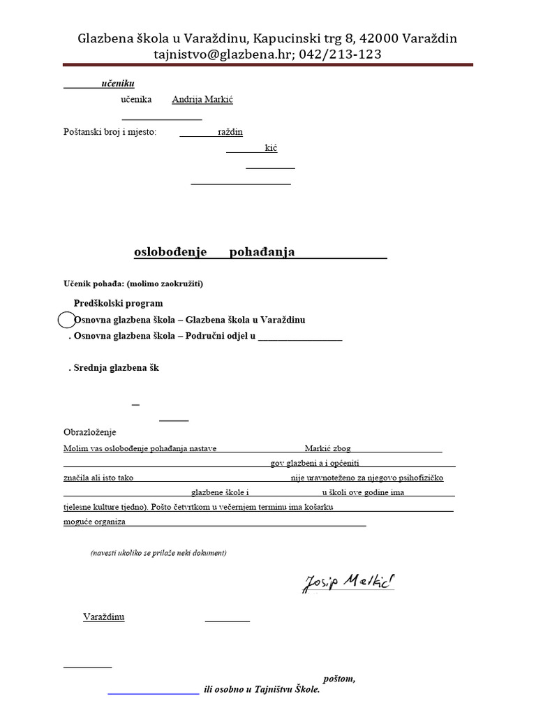 Obrazac Molbe Za Ucenike I Roditelje - Markić - Andrija | PDF