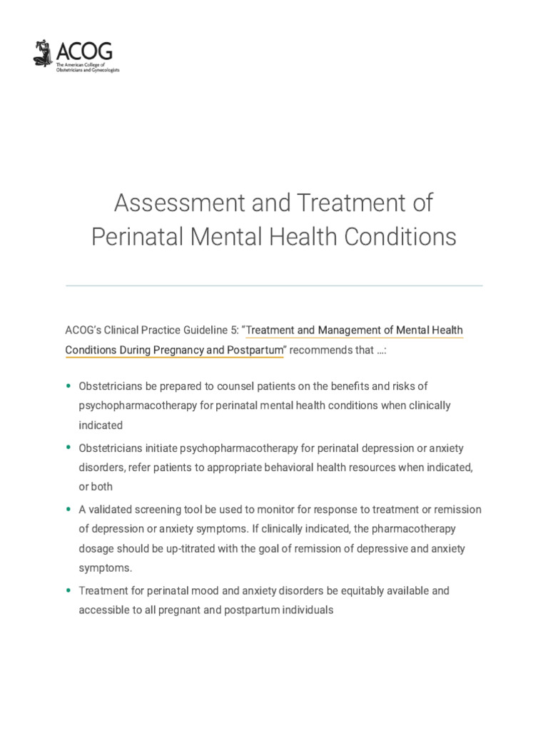 Assessment and Treatment of Perinatal Mental Health Conditions - ACOG ...