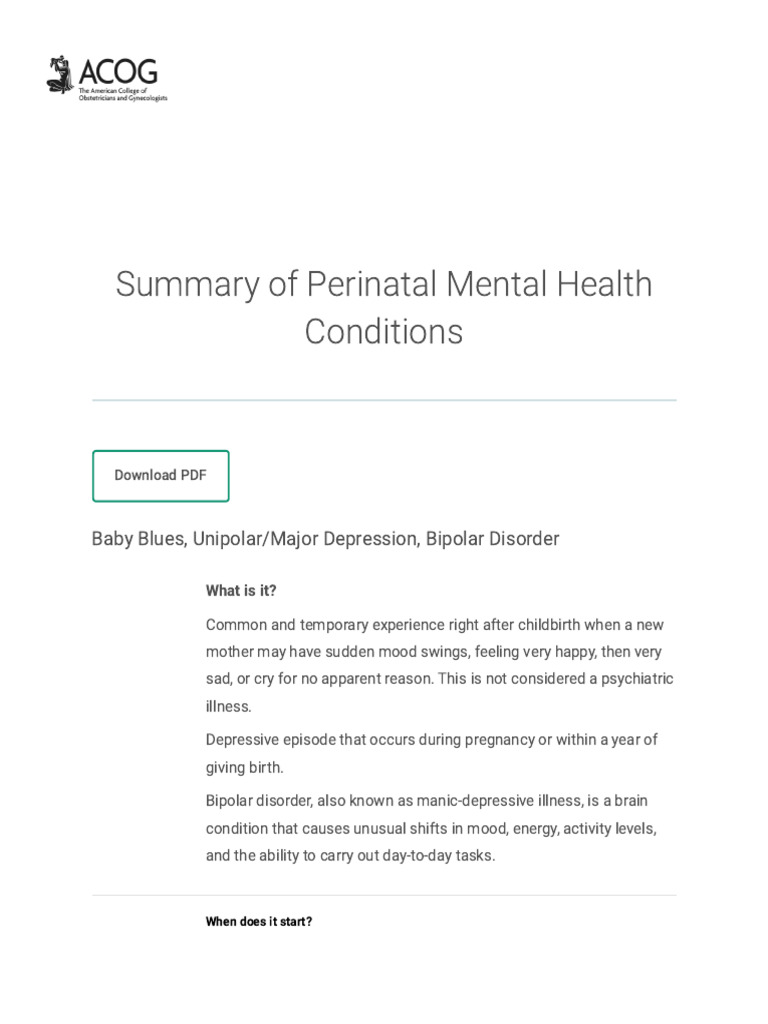 Summary of Perinatal Mental Health Conditions - ACOG | PDF | Mental ...
