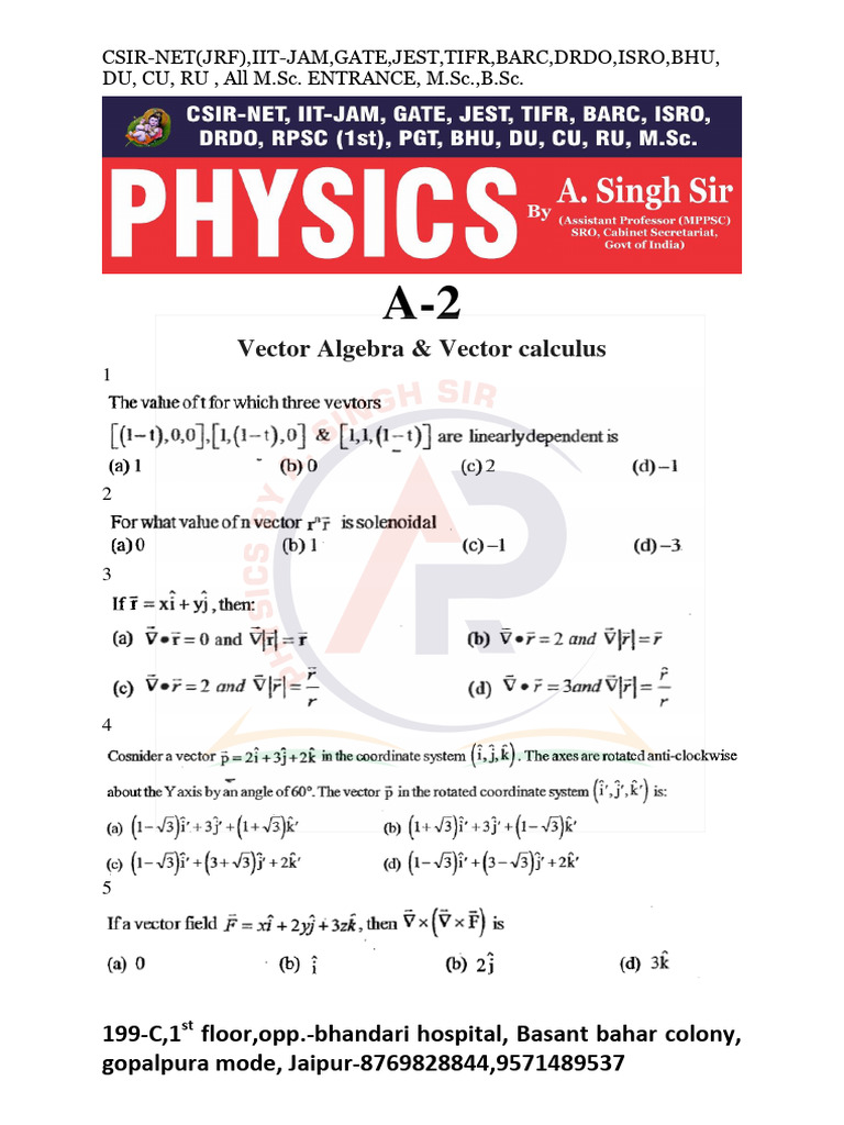 Assignment Vector Algebra & Vector Calculus | PDF