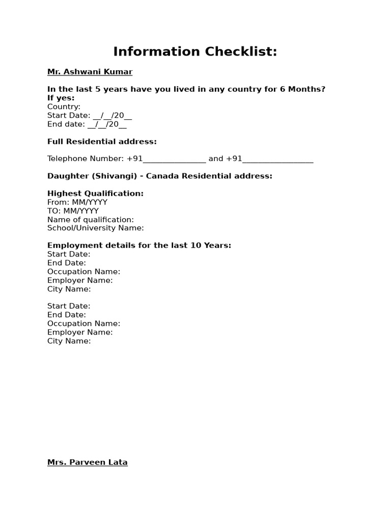 Information Checklist MR and Mrs. Ashwani Kumar | PDF