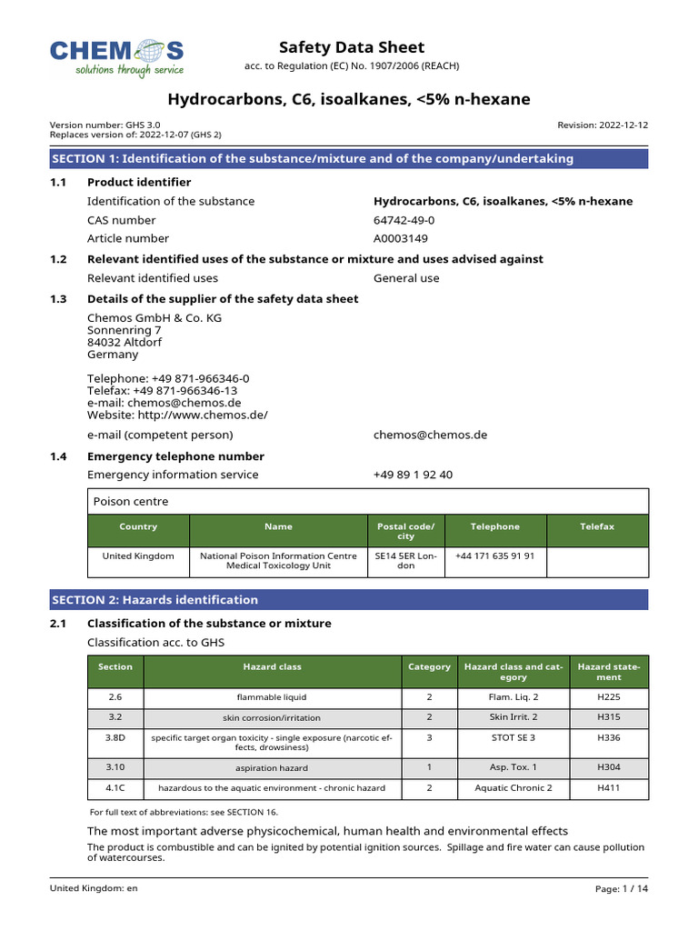 Safety Data Sheet Hydrocarbons, C6, Isoalkanes, 5% N-Hexane | PDF | Safety | Occupational Safety ...